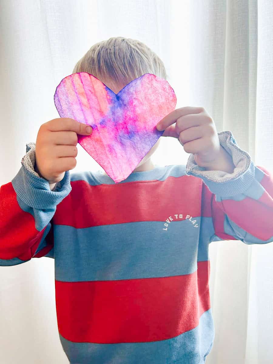 Valentine's Coffee Filter Heart Suncatcher Craft - Fox Farm Home